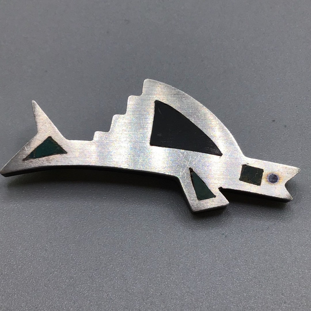 Taxco JLV Signed Sterling Silver Fish Brooch Stone Inlay Geometric ...