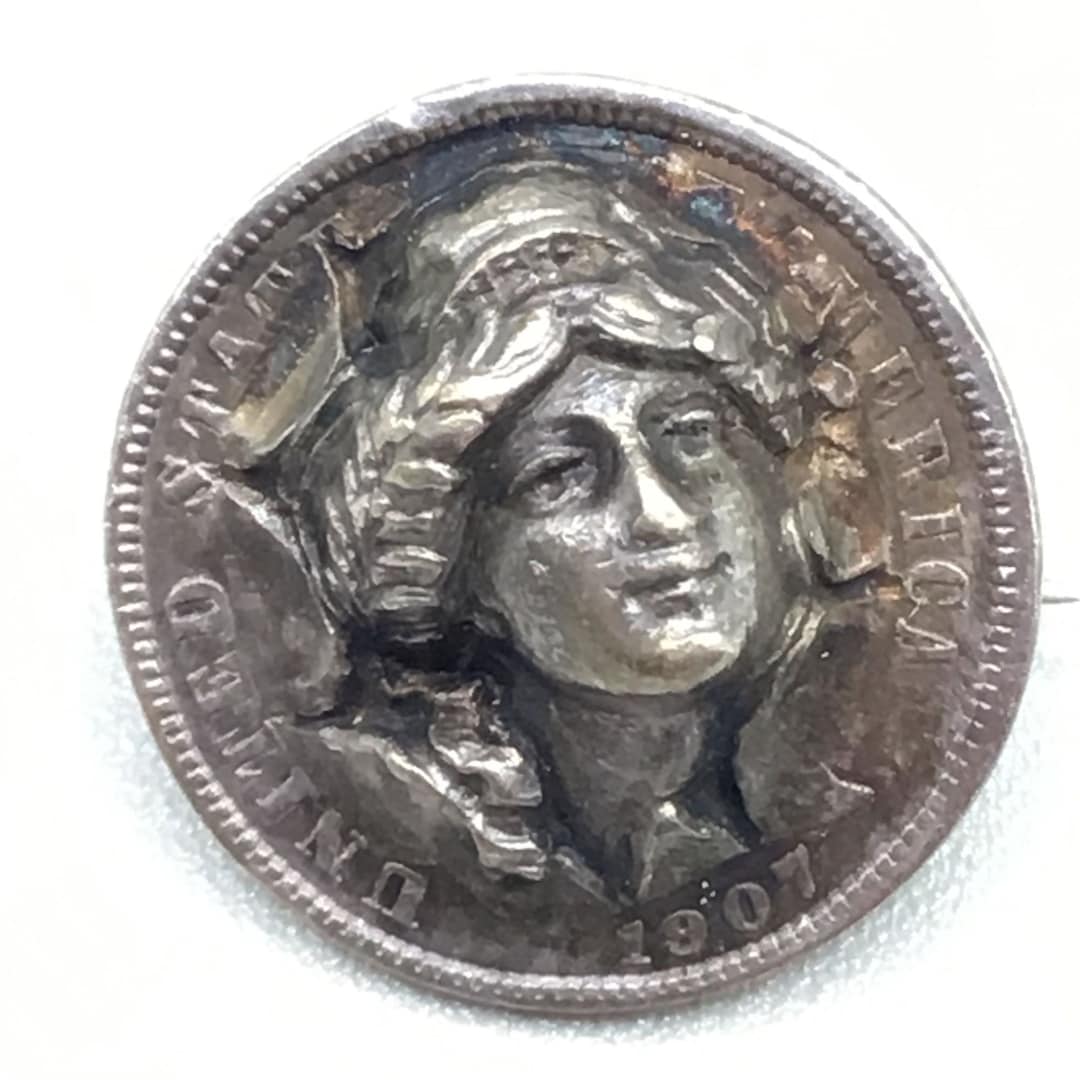 Vintage 1907 3D Lady Pop Push Punch Out Repousse Coin Pin Brooch Small ...