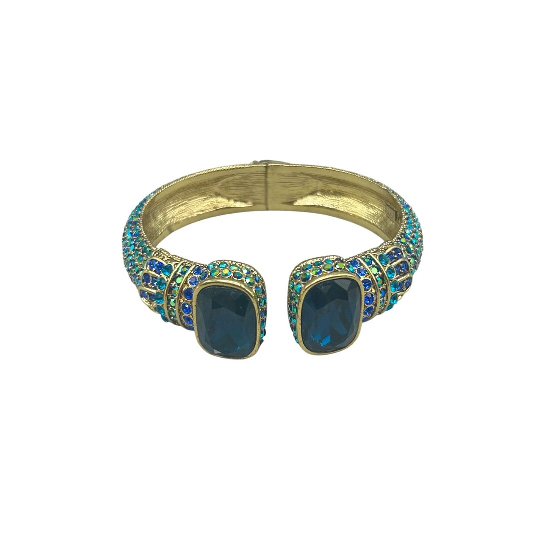 HEIDI DAUS Blue Clamper Bracelet Hinged Bangle 7" Gold Tone Crystals ...