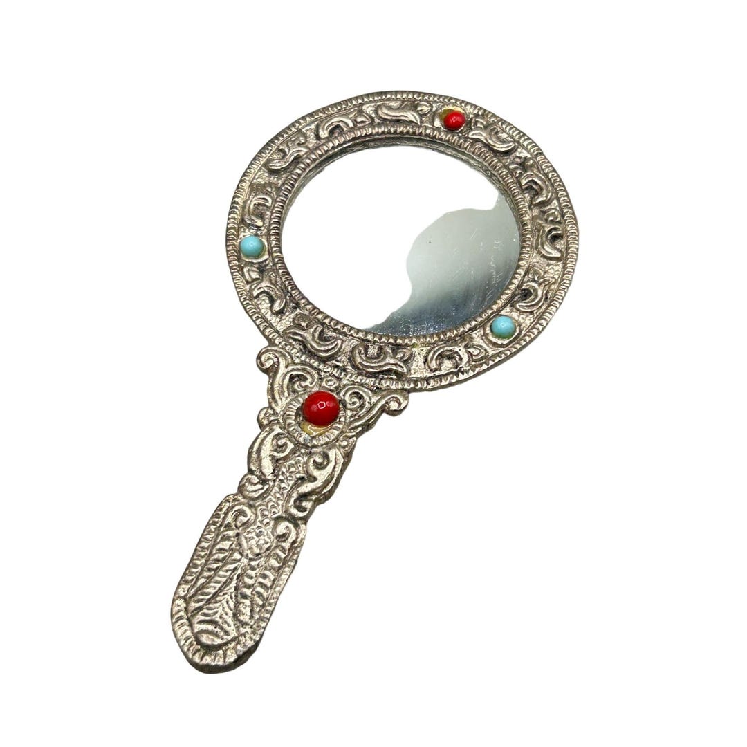 Vintage Silver Tone Jeweled Hand Mirror With Ornate Handle & Red Blue ...