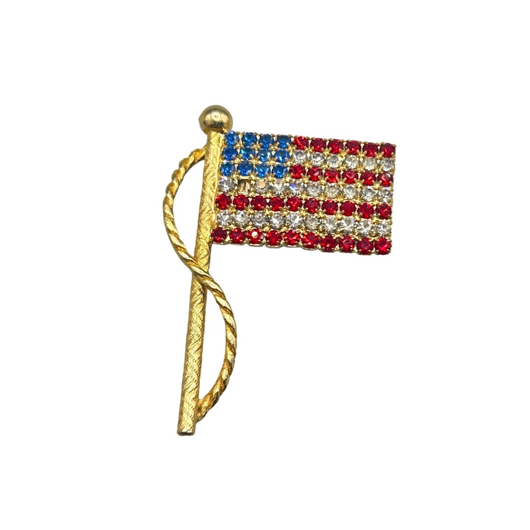 American Flag Pin Brooch Patriotic Red White Blue Rhinestones USA Flag ...