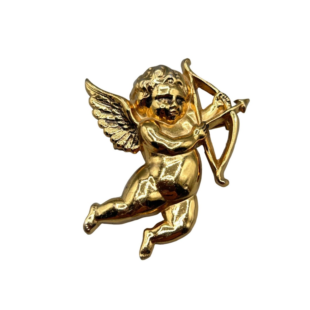 Signed Coro Cupid Angel Pin Brooch Gold Tone Repousse Style - Etsy