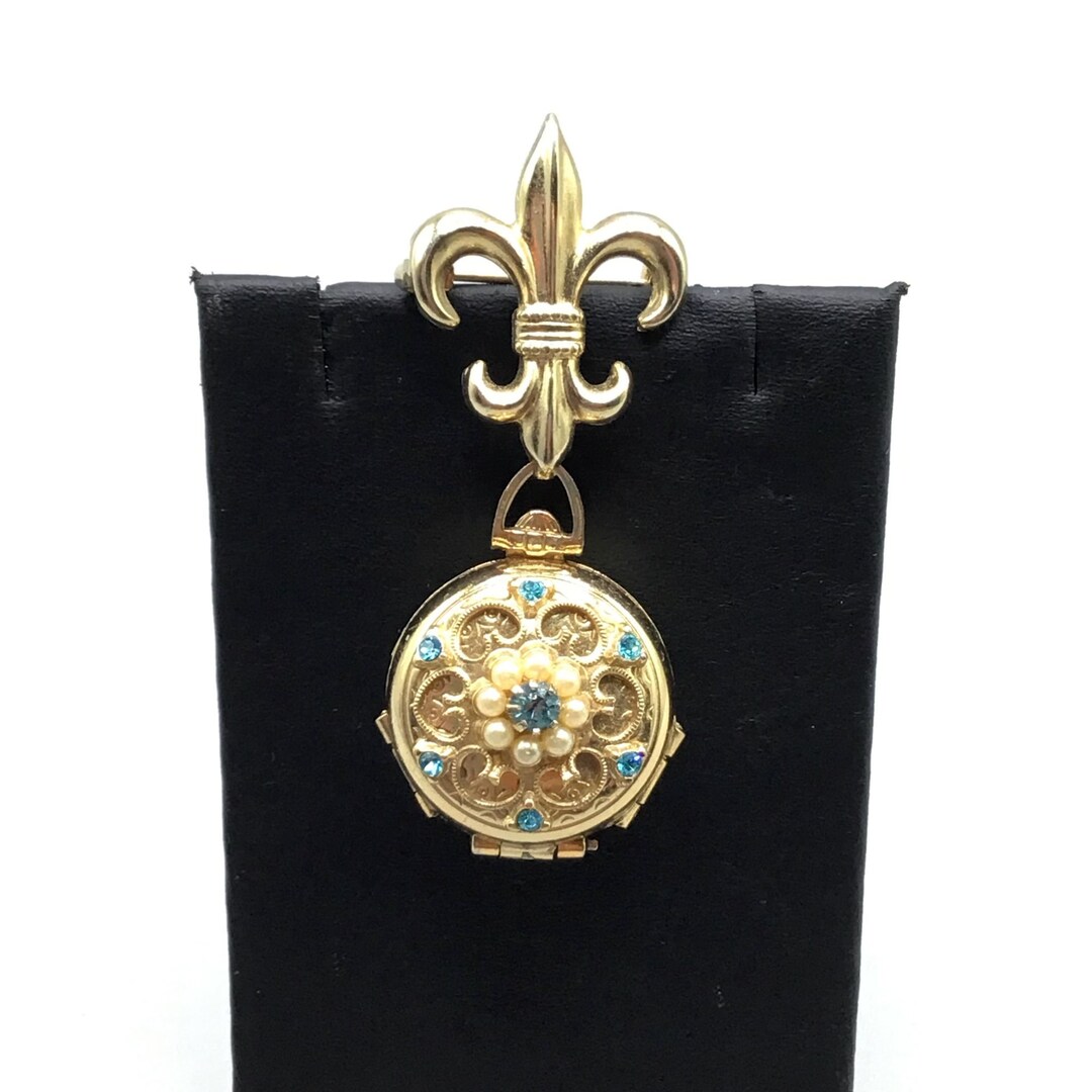 Coro Locket 4 Ways Photo Holder Gold Tone Dangle Blue Rhinestones Fleur ...