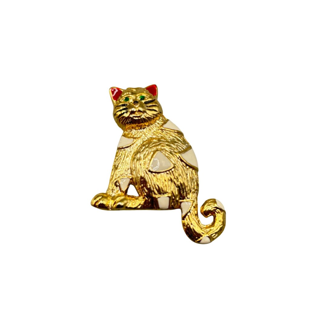Vintage Gold Tone Enamel Cat Brooch Pin With Red & Green Eyes Accents ...