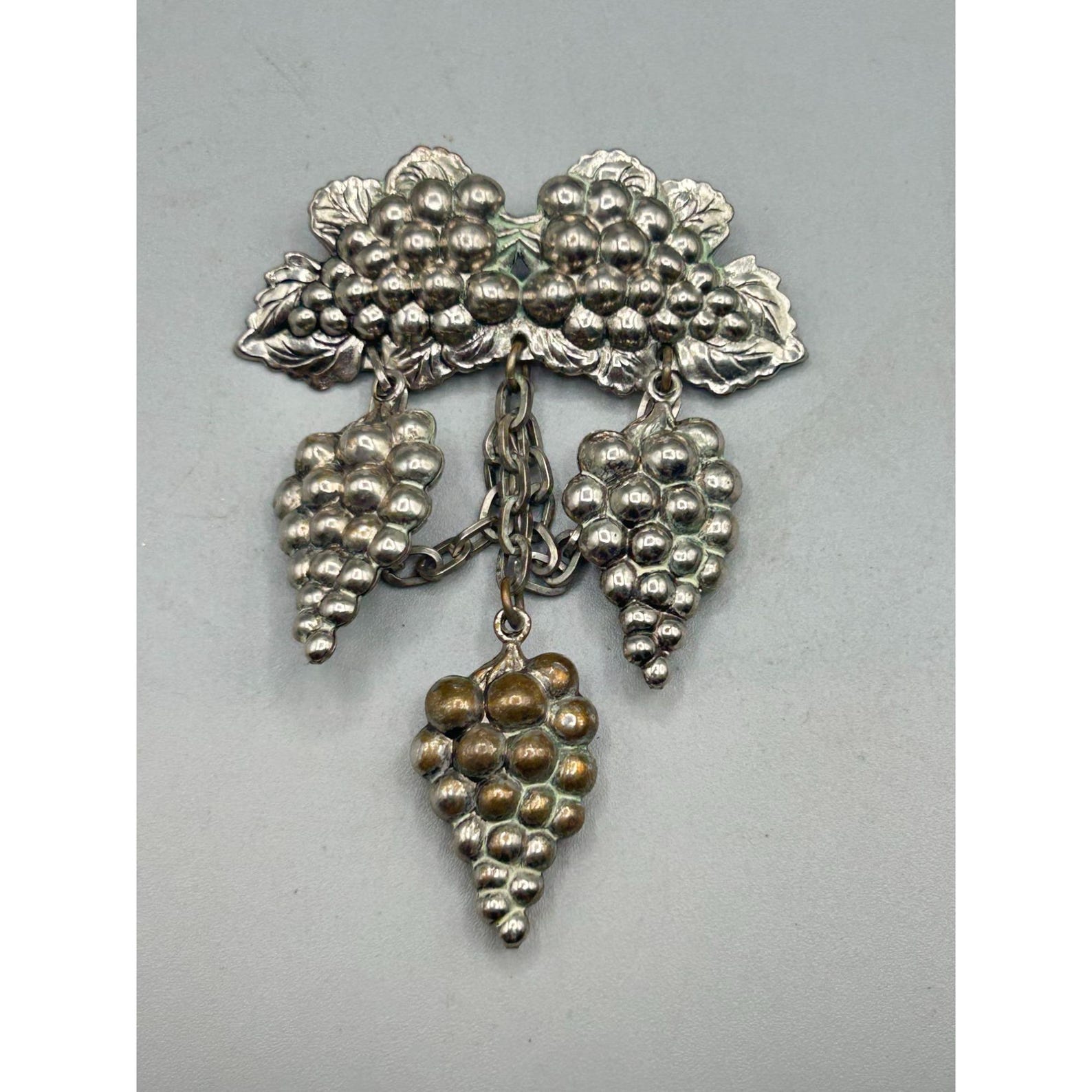 Grape Pin Brooch Vintage Older Draping Clusters With Chain Silver Tone ...