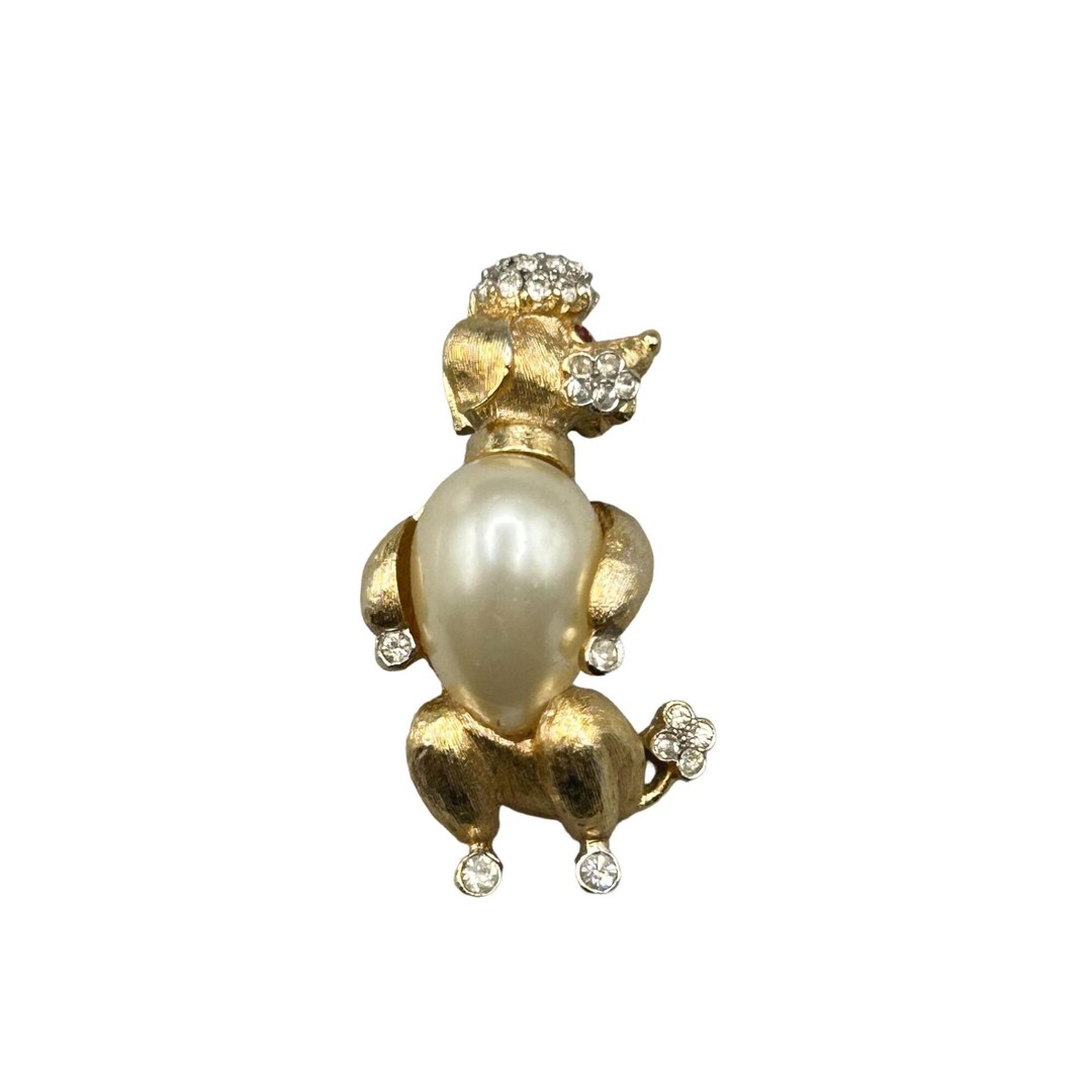 Vintage Trifari Poodle Brooch Pin Faux Pearl Belly & Rhinestones Gold ...