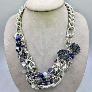 Jessica Simpson Necklace Silver Tone 90s Chunky Multi-chain With Blue ...
