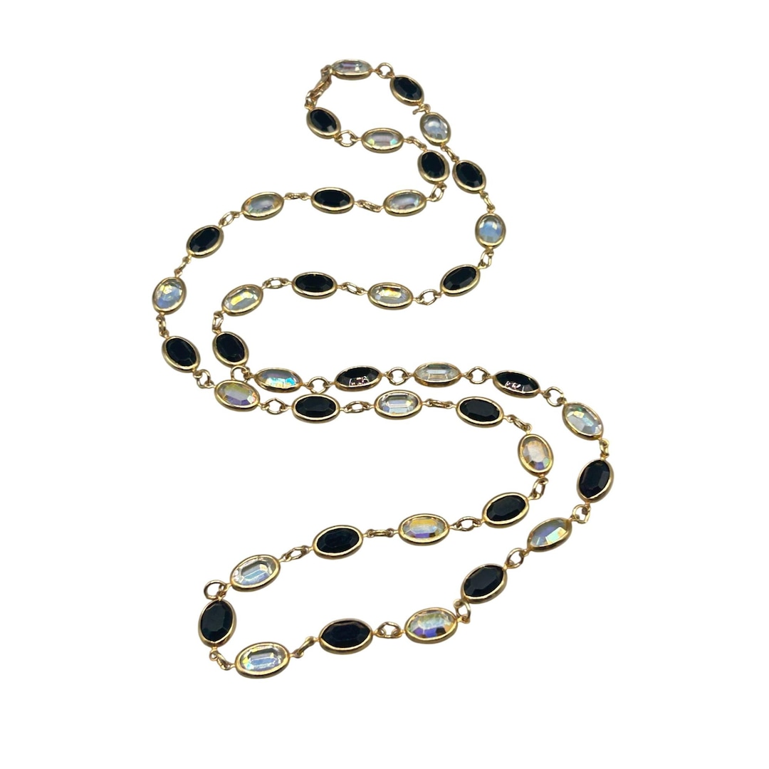 Station Necklace Open Back Bezel Set Black Iridescent Aurora Borealis ...