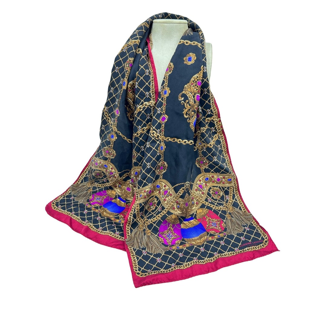 Adrienne Landau Silk Scarf Colorful Jewels and Chains Design ...