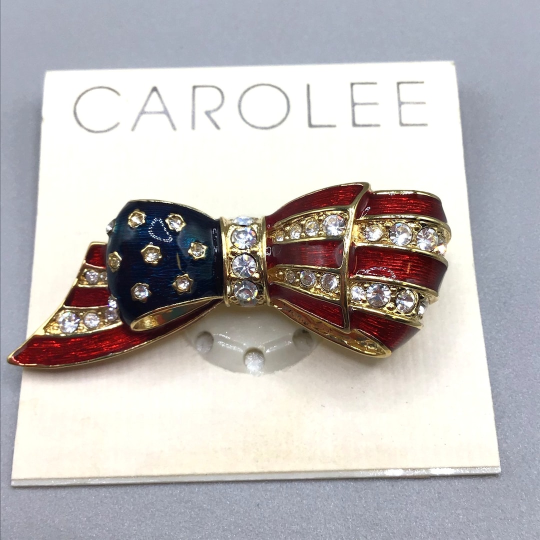 Signed Carolee Bow Pin Patriotic American Flag Red White Blue Enamel ...