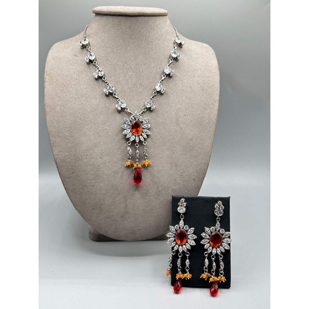 Fancy Jewelry Set Necklace & Chandelier Earrings Dangles Bezel Set ...