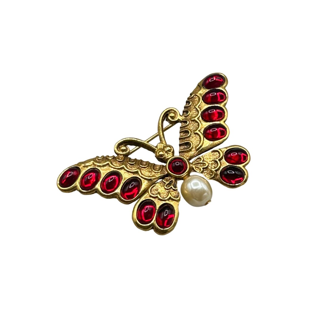 Vintage Jeweled Butterfly Pin Brooch Gold Tone With Faux Pearl & Red ...