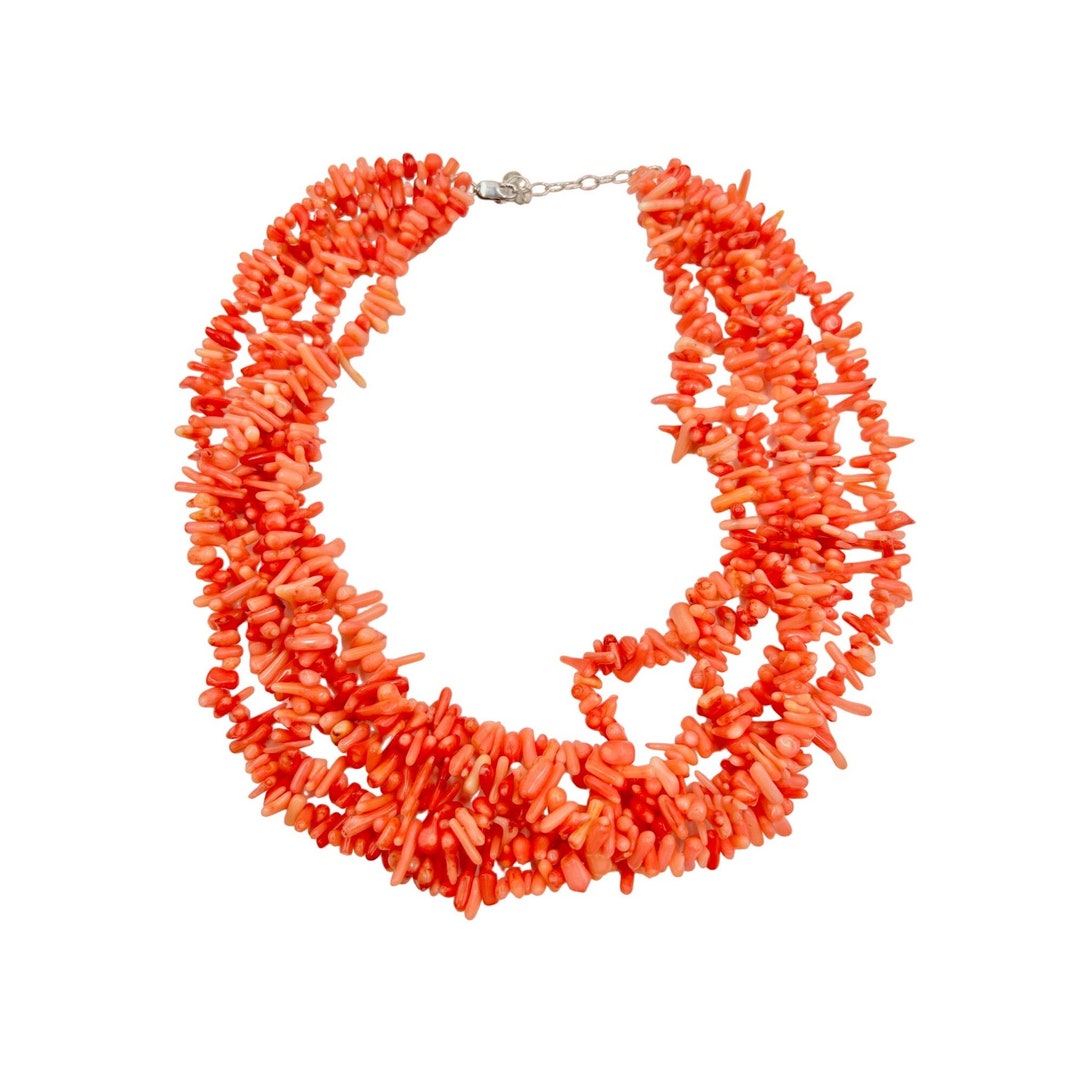 Vintage Genuine Coral Necklace Five 5 Strands Coral Chips Sterling ...