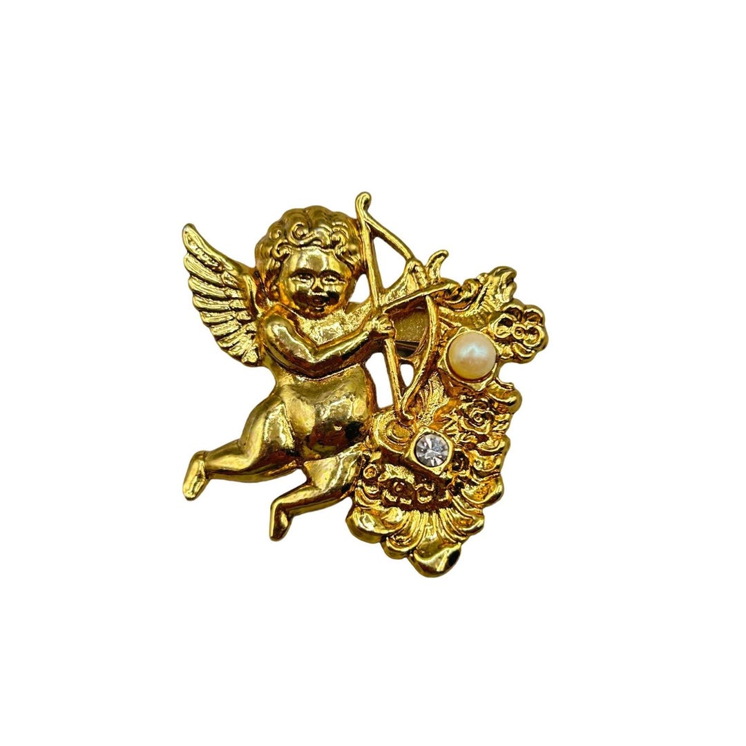 Vintage Gold Tone Cupid With Arrow Angel Brooch With Pearl & Rhinestone ...