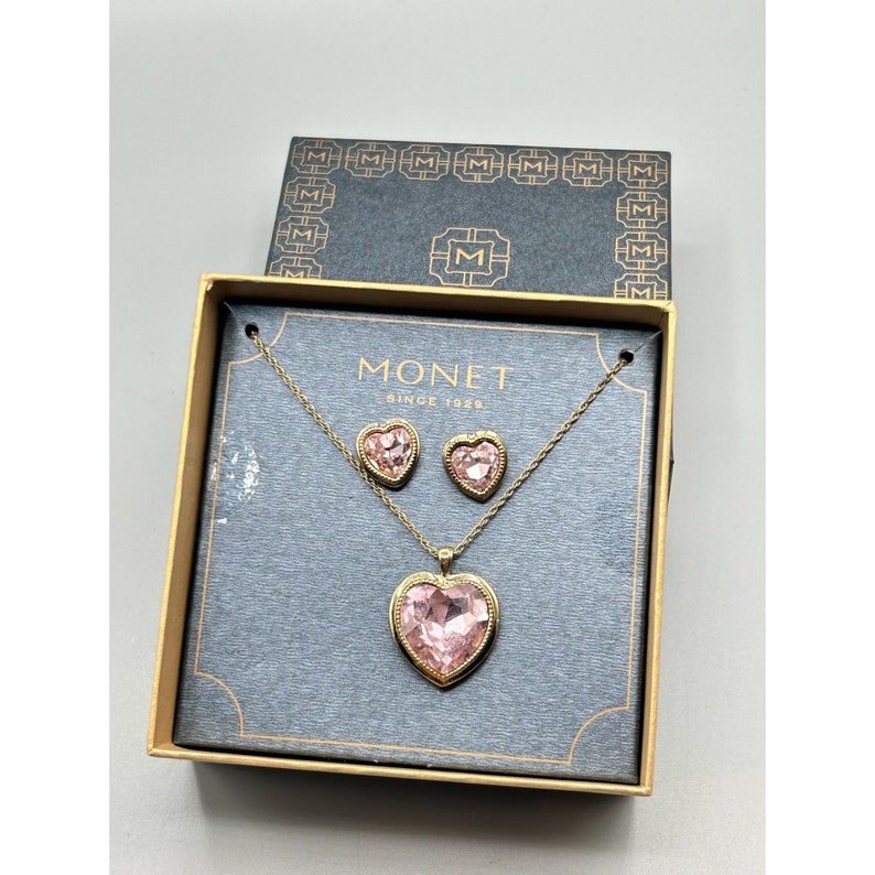 MONET Jewelry Set Pink Heart Necklace and Studs Earrings Set Gold Tone ...