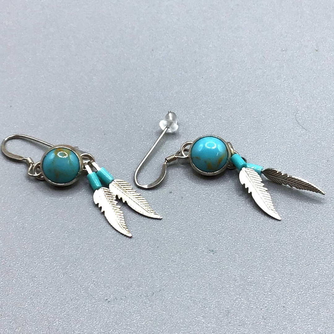 Sterling Silver Native American Feather Earrings Turquoise Stone Drops ...