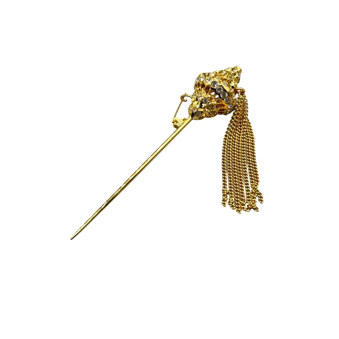 Hair Pin Style Pin Brooch Gold Tone With Dangling Chains and Clear ...