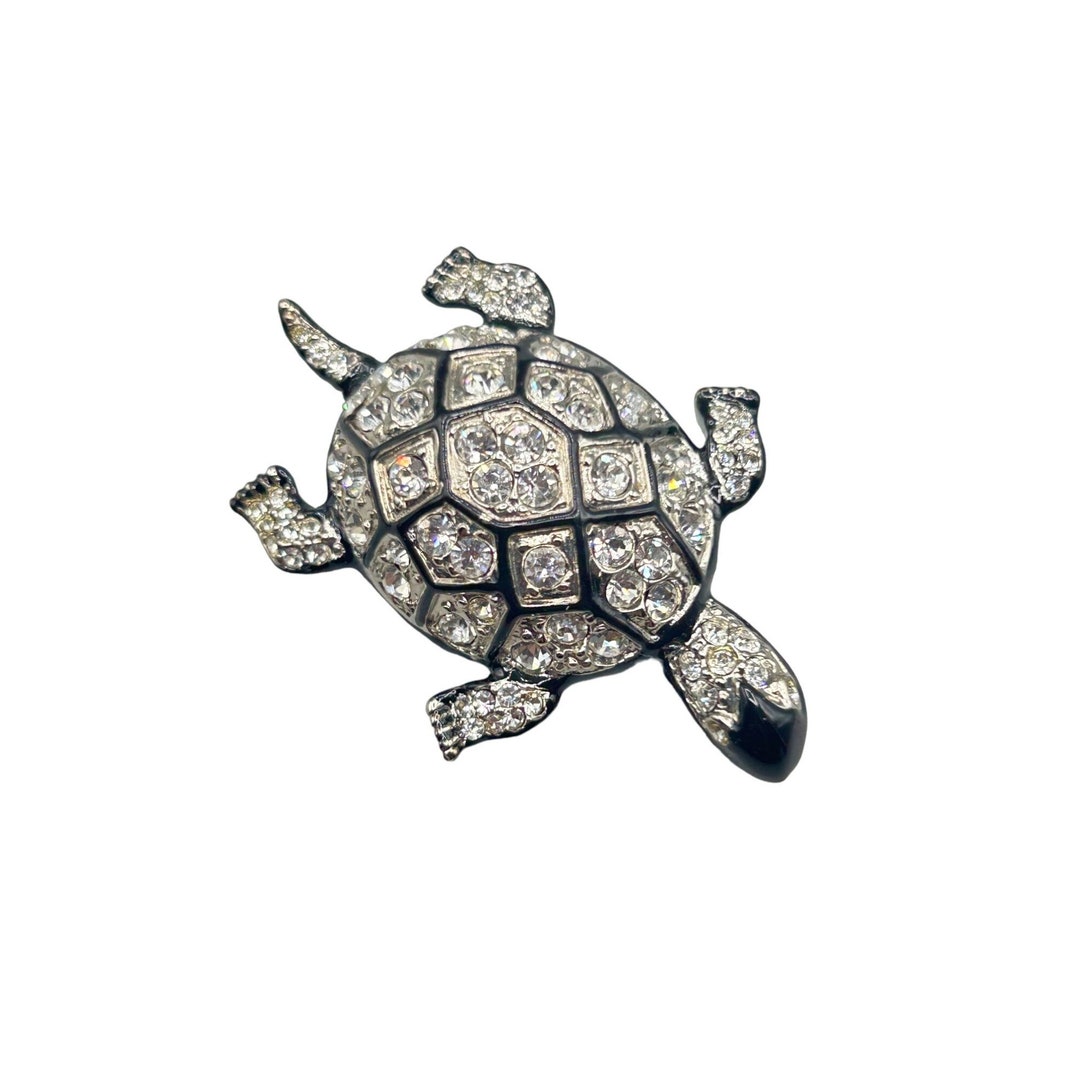 Kenneth Jay Lane KJL Turtle Pin Brooch Silver Tone Clear Crystals Black ...