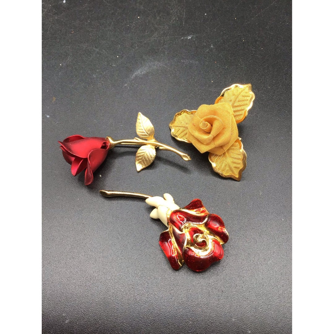Rose Flowers Pins Brooch Red Enamel & Gold Tone Collection of 3 Costume ...