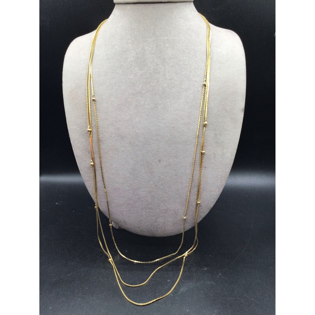 Monet Triple Chain Necklace Gold Tone Graduated Chains With Small Beads ...