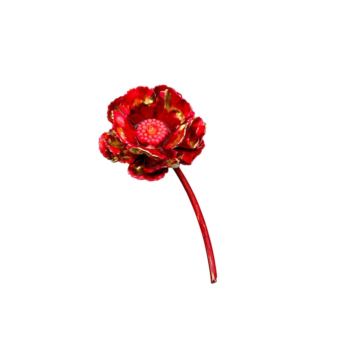 Vintage Made in Germany Enamel Flower Pin Brooch Red Tones Over Gold ...