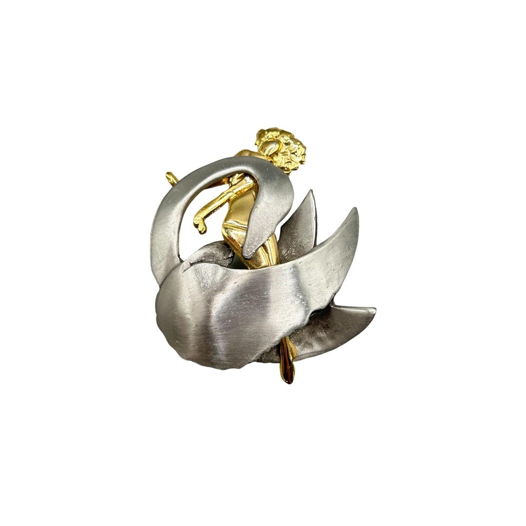 Vintage Ultra Craft Swan & Lady Brooch Pin Two-tone Gold Tone Silver ...