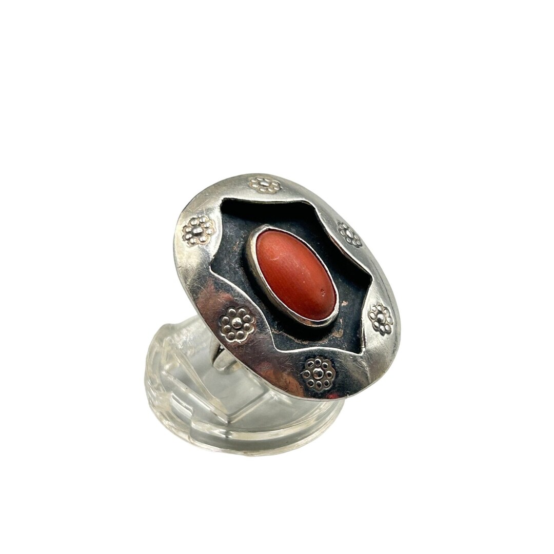 Vintage Native American Shadow Box Coral Ring Size 7 Sterling Silver ...