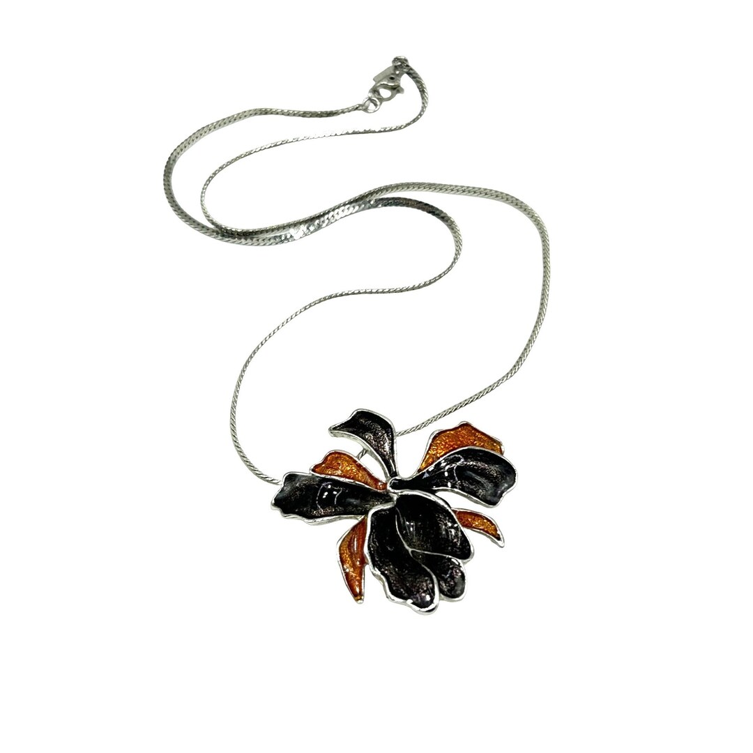 Orchid Necklace Orange Grey Enamel Silver Tone Chain Vintage Flower ...