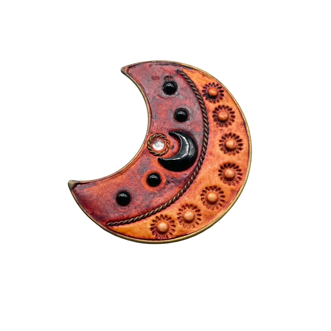 Vintage Handcrafted Moon Brooch Clay & Beads Crescent Moon Whimsical ...