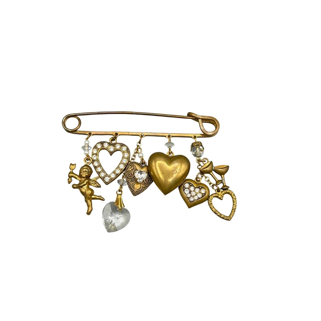 Vintage Gold Charm Safety Pin Brooch Piddly Links Heart & Cupid ...