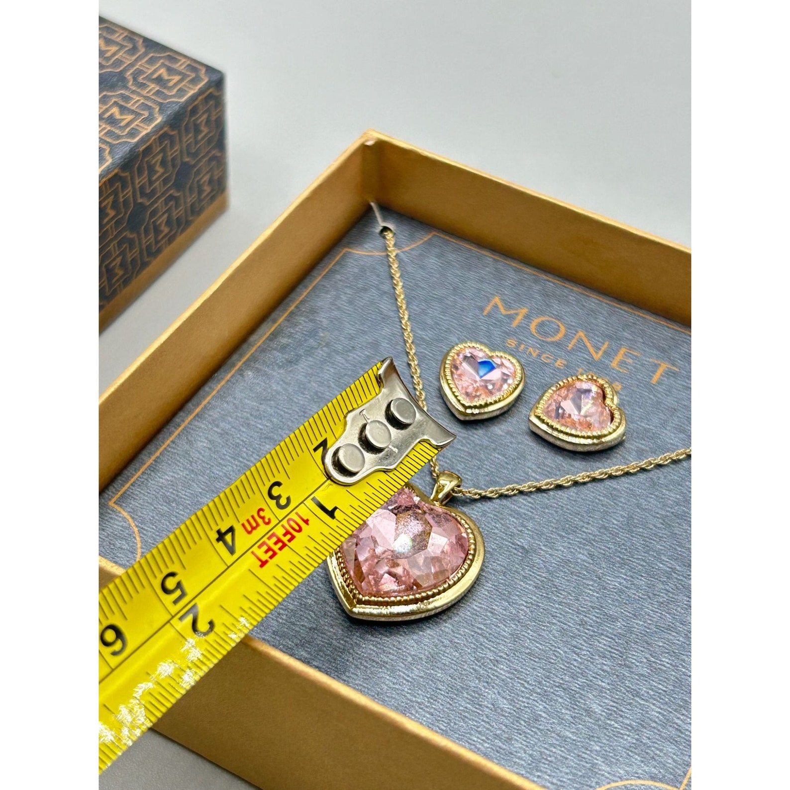 MONET Jewelry Set Pink Heart Necklace and Studs Earrings Set Gold Tone ...