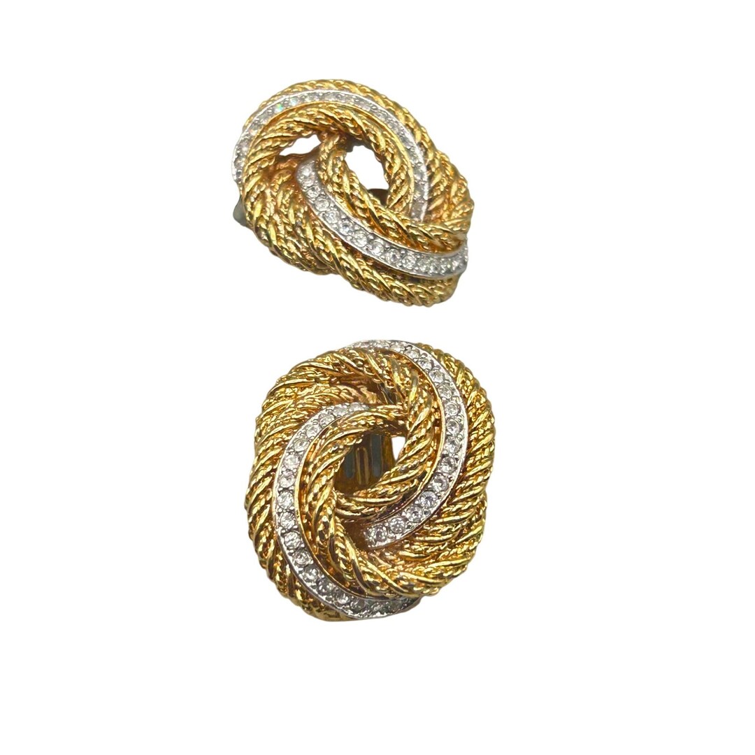 Iconic 80s Gold Tone Rope Knot Clip on Earrings With Clear Rhinestones ...