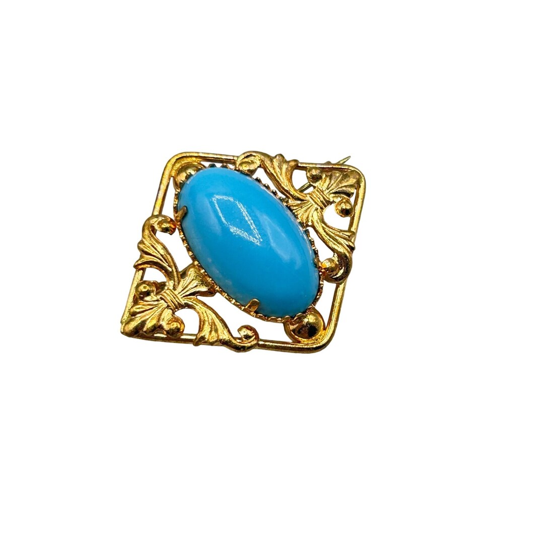 Turquoise Color Glass Pin Brooch Antique Older Vintage Gold Tone Ornate ...