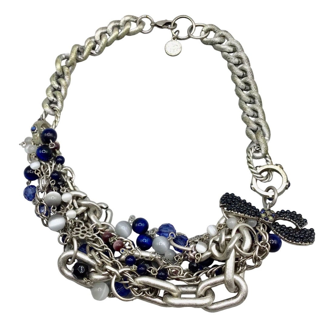 Jessica Simpson Necklace Silver Tone 90s Chunky Multi-chain With Blue ...