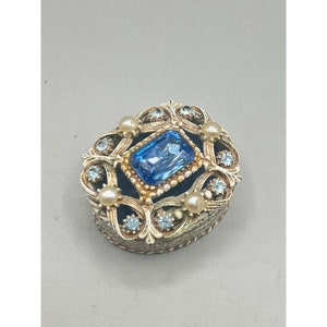 Vintage Florenza Hinged Trinket Box With Blue Glass Stones Antiqued ...