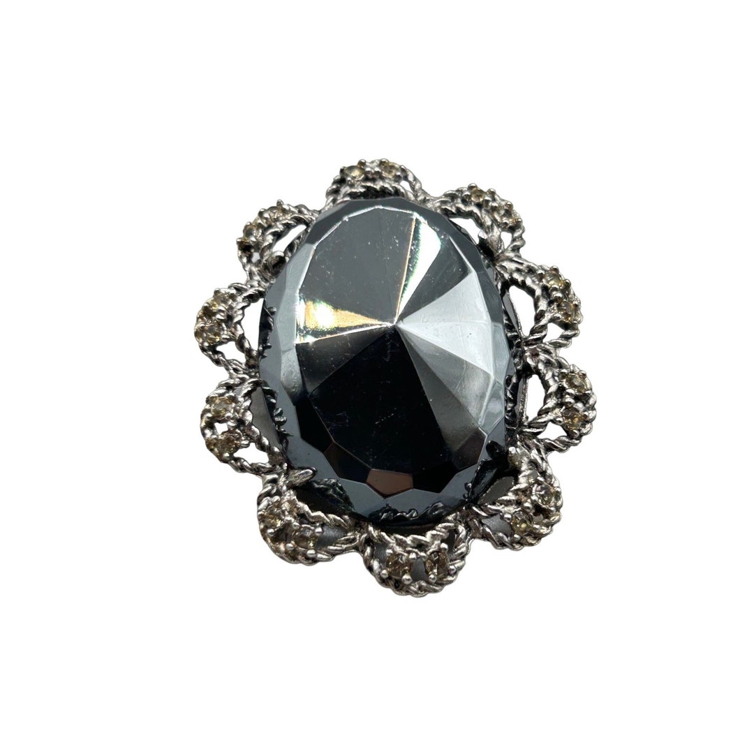 Vintage Hematite Glass Pin Brooch Pendant Mourning Style Oval Shaped ...