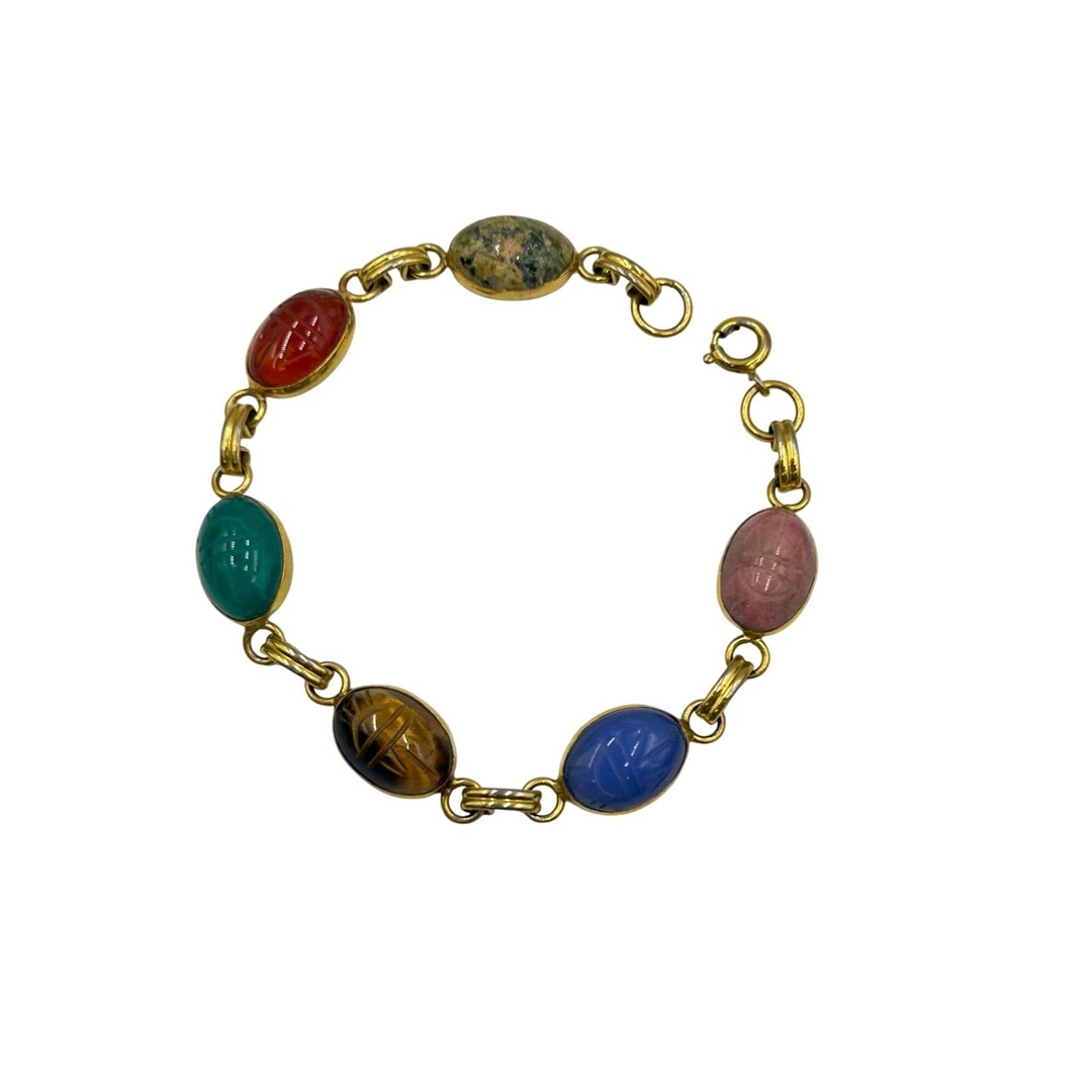 Vintage Gold Tone Scarab Bracelet With Carved Semi Precious Stones ...