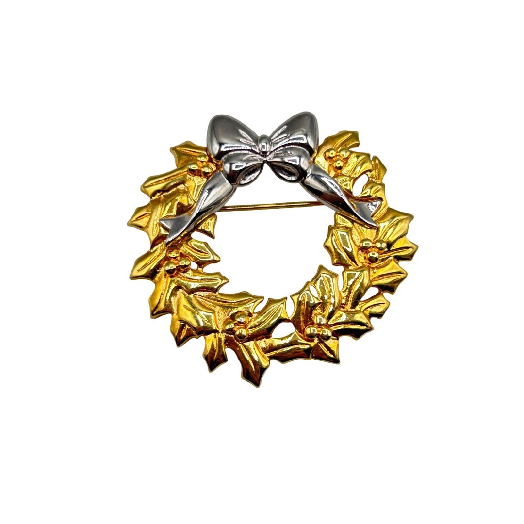 Gold & Silver Tone Christmas Wreath Pin Brooch Bow Design Liz Claiborne ...