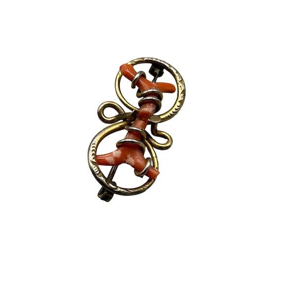 Victorian Antique Coral Pin Brooch Gold Filled Wire W… - Gem