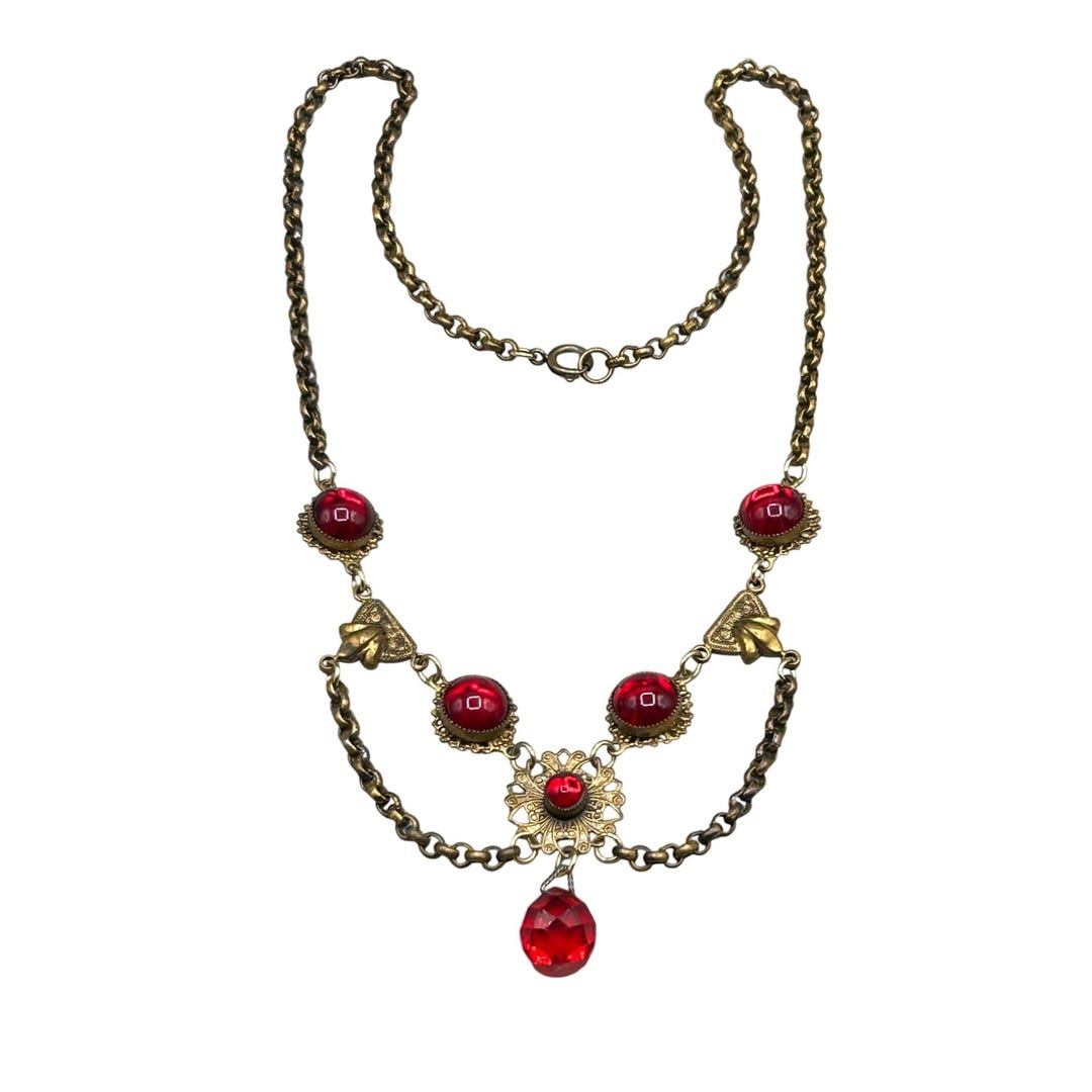 Victorian Festoon Necklace Glass and Brass Red Drop Vintage Czech ...
