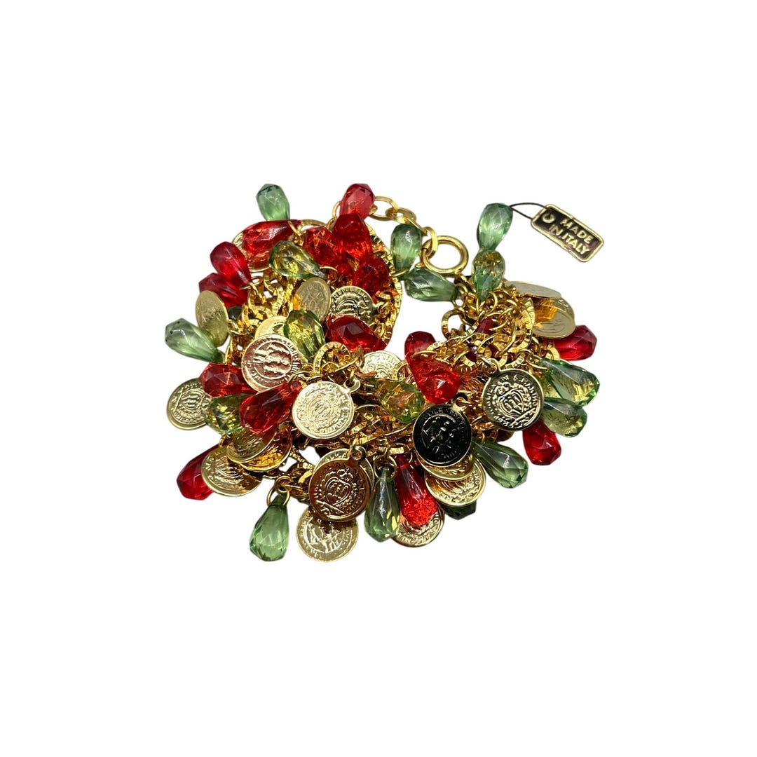 Multichain Coins and Faux Crystals Bracelet Loaded Charms Green Red ...