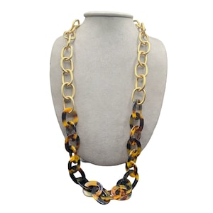 Faux Tortoise Plastic & Textured Metal Chain Necklace Chunky Gold Tone ...