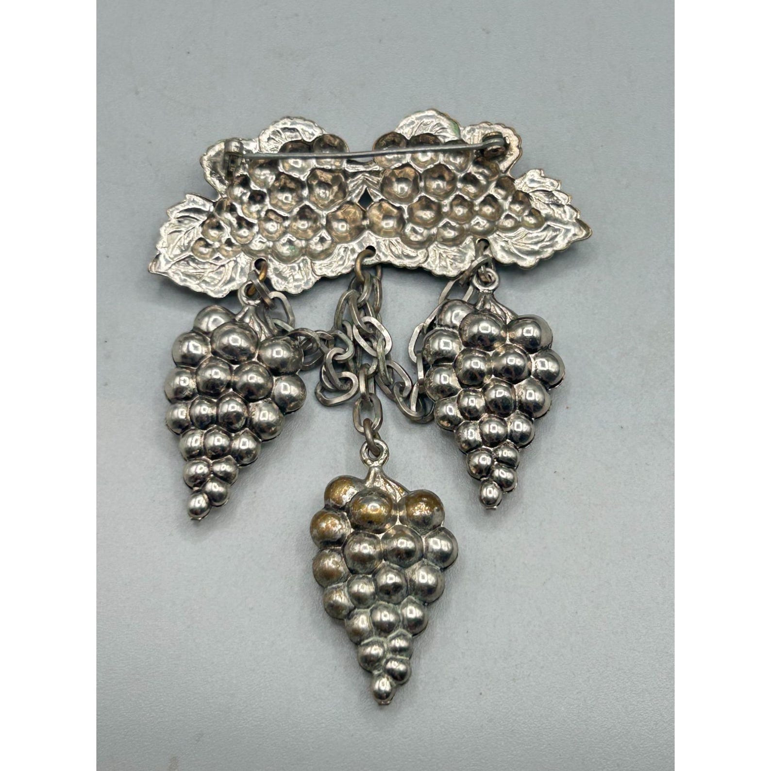 Grape Pin Brooch Vintage Older Draping Clusters With Chain Silver Tone ...