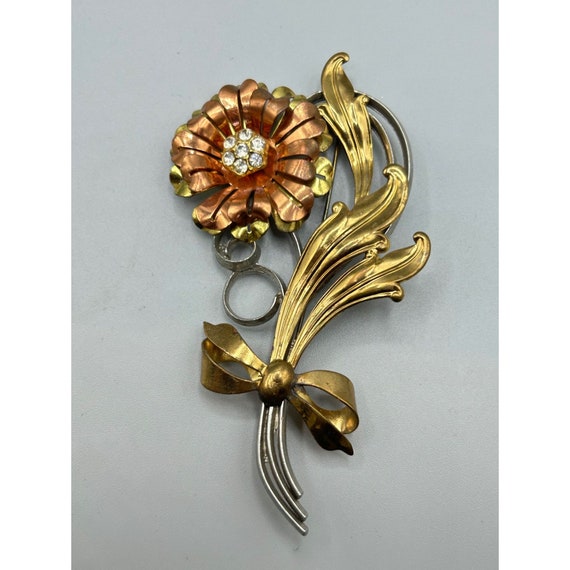 1940s Flower Brooch Antique Pin Metal Older Statement… - Gem