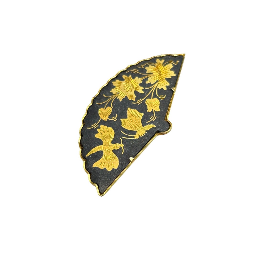 Vintage Damascene Pin Brooch Black Gold Hand Fan Shaped Pin With ...
