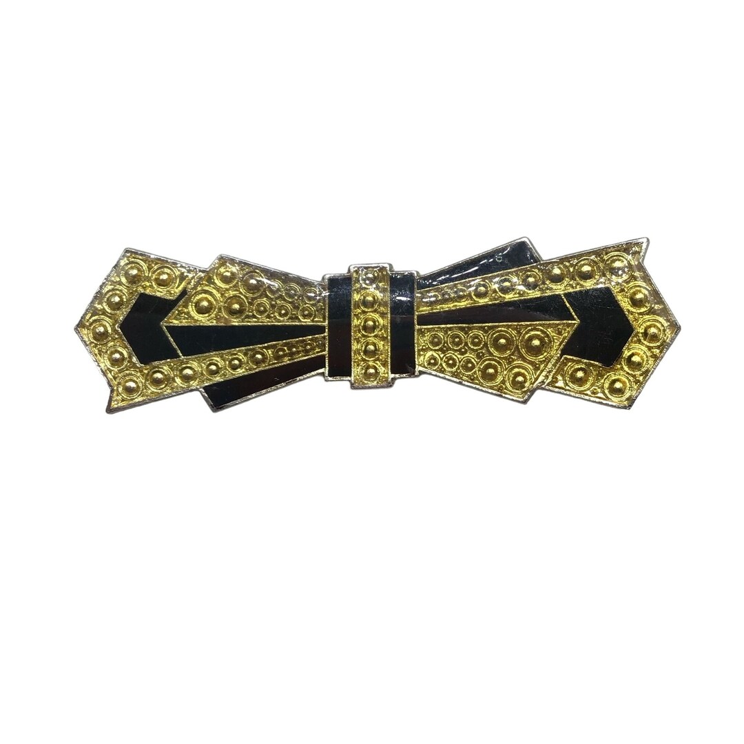 Pierre Bex Style Art Deco Inspired Brooch Enamel Gold & Black Ribbon ...