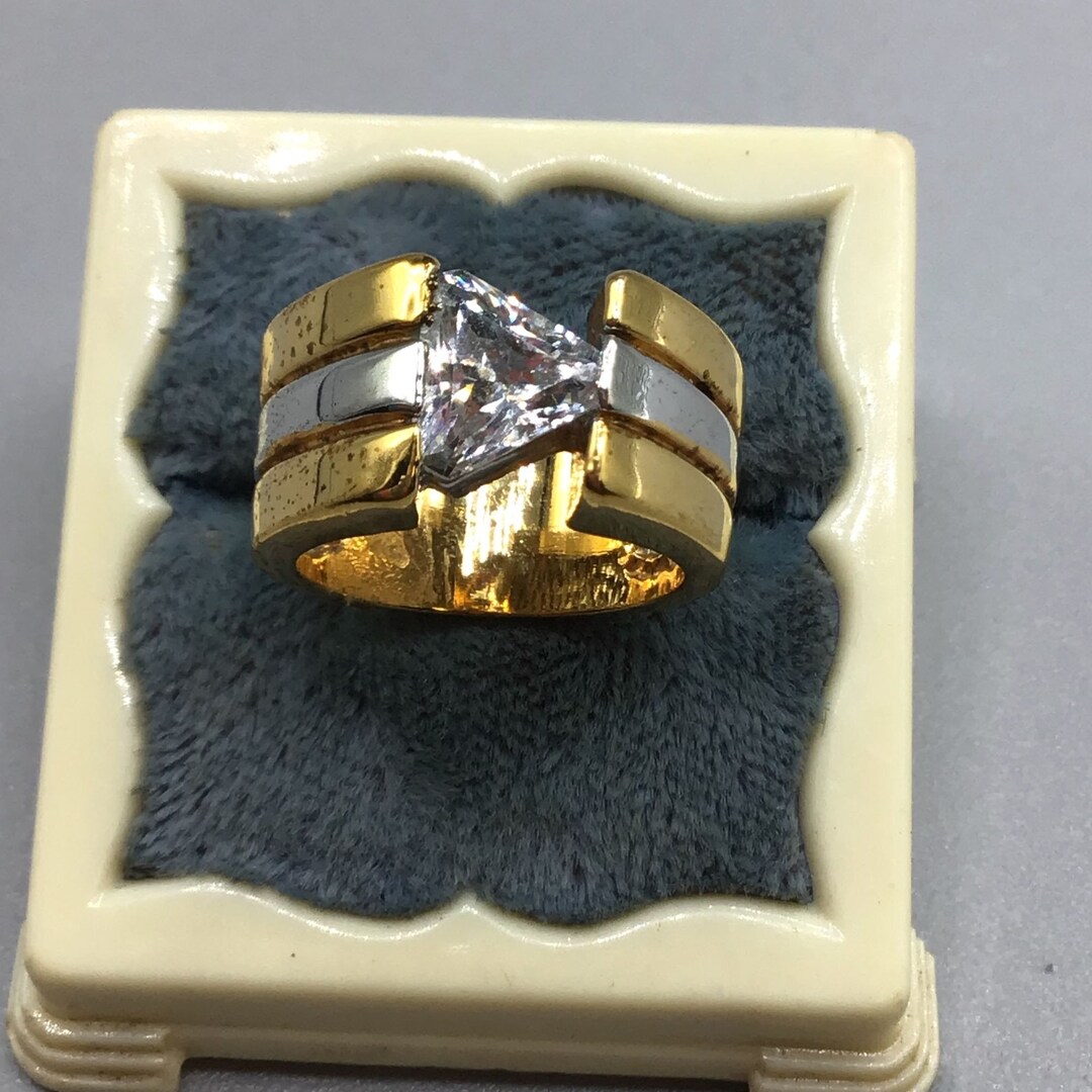 Vintage 80s 90s Ring Size 4 Triangle Clear Glass Stone Gold & Silver ...