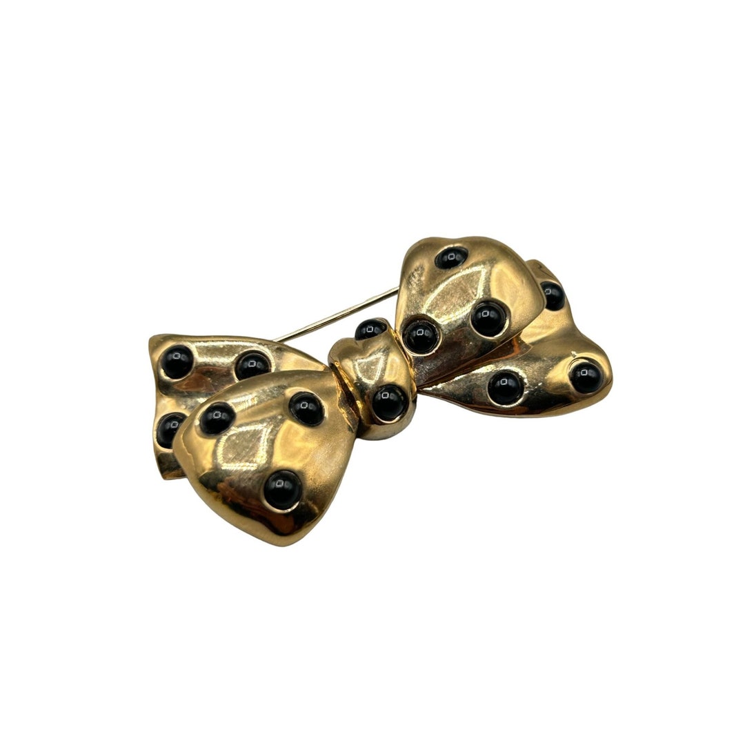 Vintage CAROLEE Bow Pin Brooch Gold Tone With Black Polka Dots Ribbon ...
