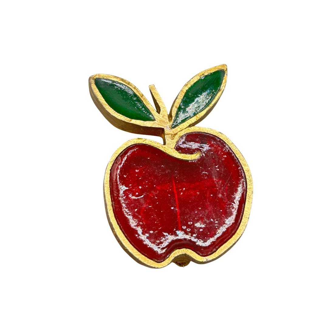 Vintage Signed JOY Apple Brooch Fruit Design Pin Red & Green Resin Gold ...