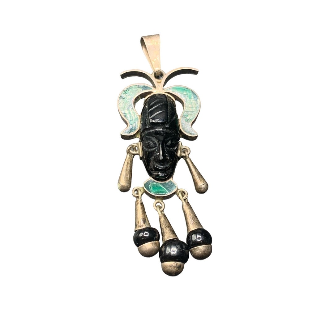 Aztec Mayan Face Mask Pendant Carved Malachite Onyx Taxco Mexico ...